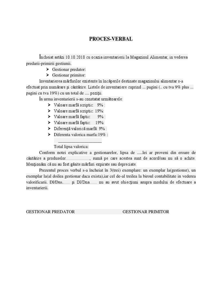 PROCES Verbal de Predare Primire a Unei Gestiuni Alimentare