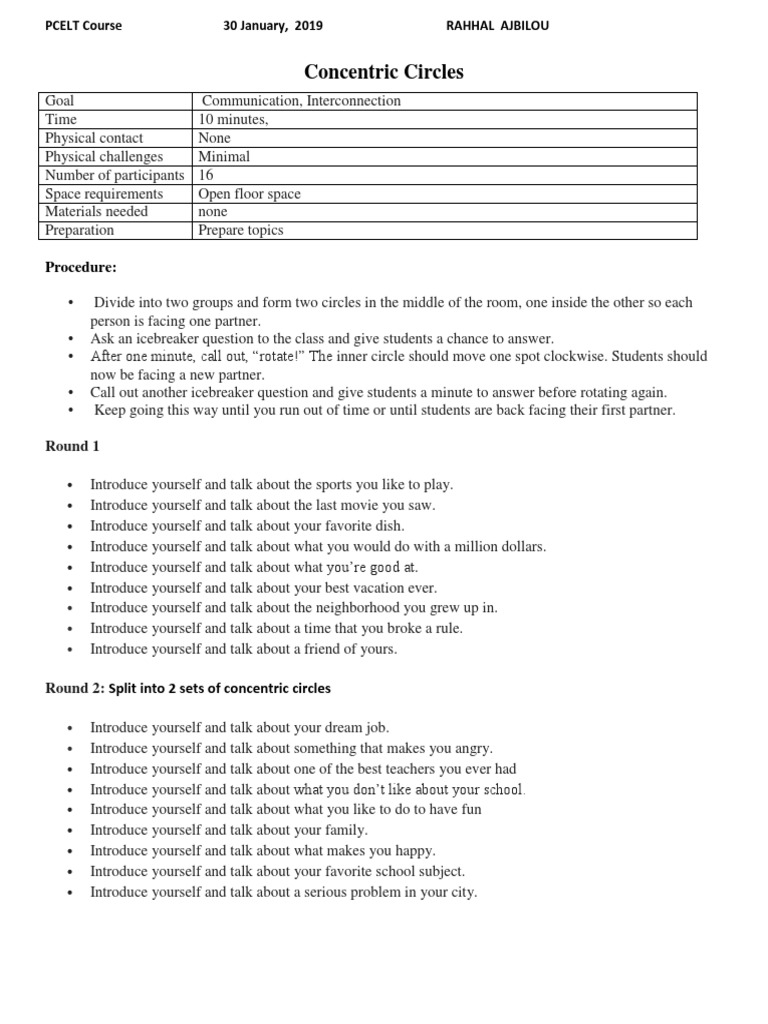 PCELT Concentric Circles Icebreaker Activity | PDF