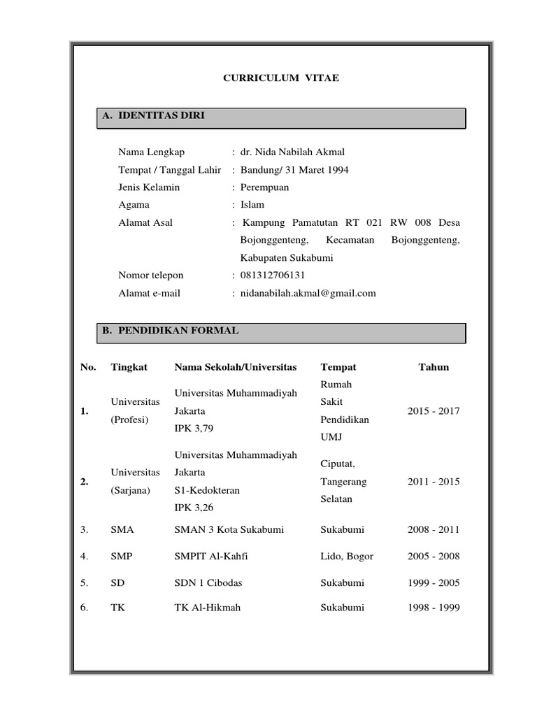CV dr. Nida Nabilah Akmal | PDF