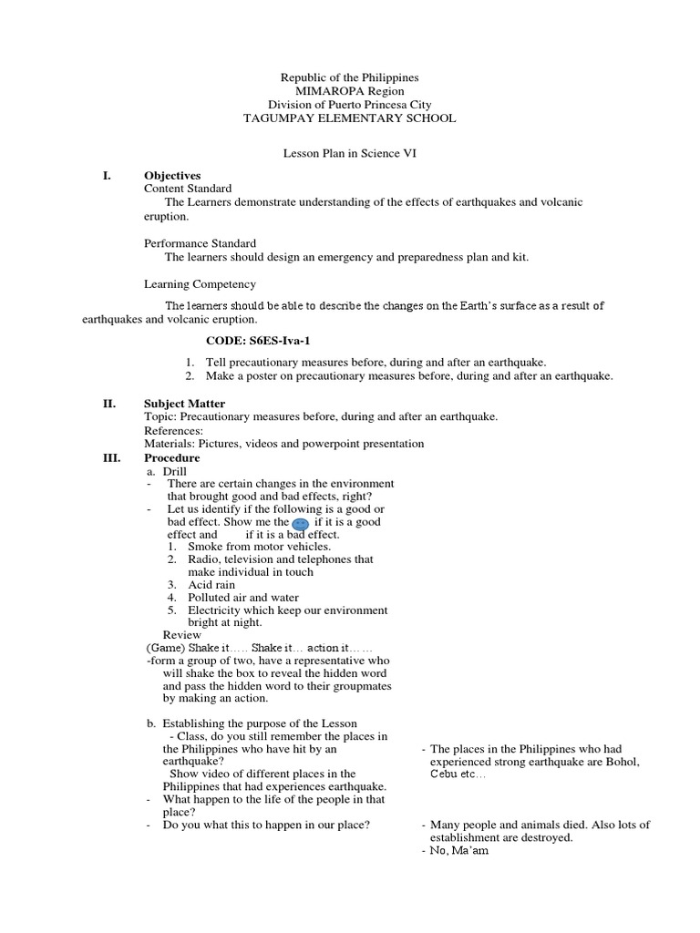 Cot Ko | PDF | Lesson Plan | Earthquakes