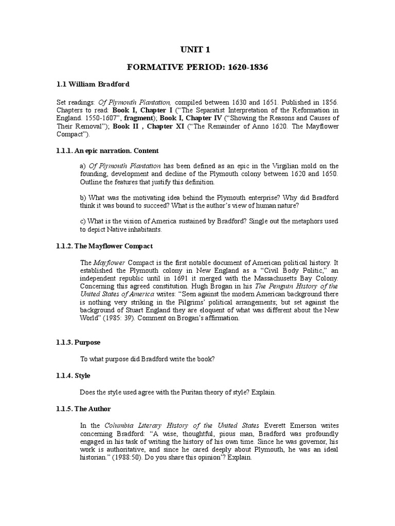 An Analysis of William Bradford's Of Plymouth Plantation and the ...