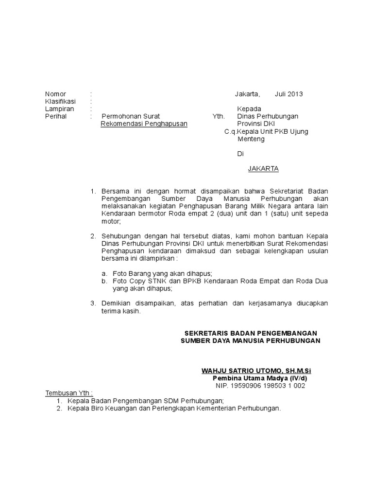 Surat Rekomendasi Dinas Perhubungan DKI Penghapusan 13 | PDF