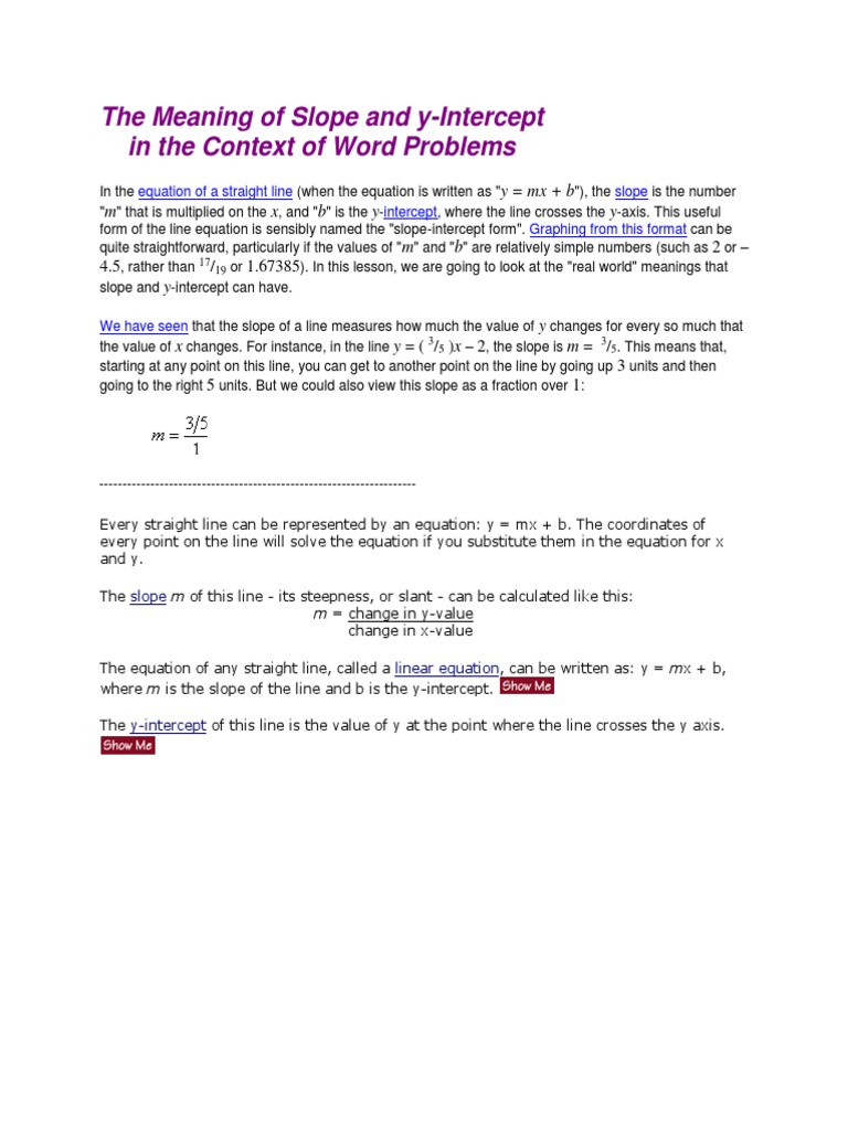 The Meaning of Slope and Y-Intercept in The Context of Word Problems | PDF
