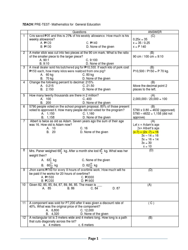 Mathematics Pre-Test for General Education | PDF | Elementary ...