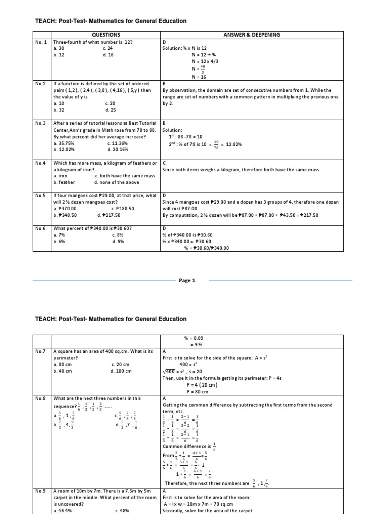 Mathematics PostTest ANSWERS | PDF