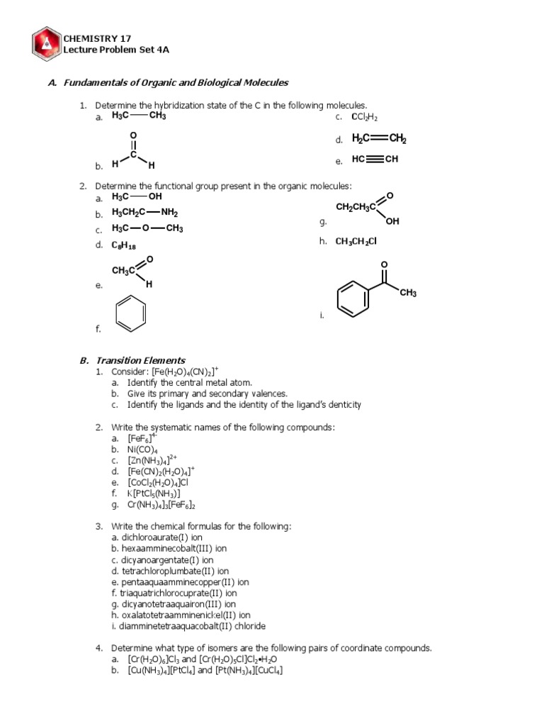 H C CH O HC CH: Chemistry 17 Lecture Problem Set 4A A. Fundamentals of ...