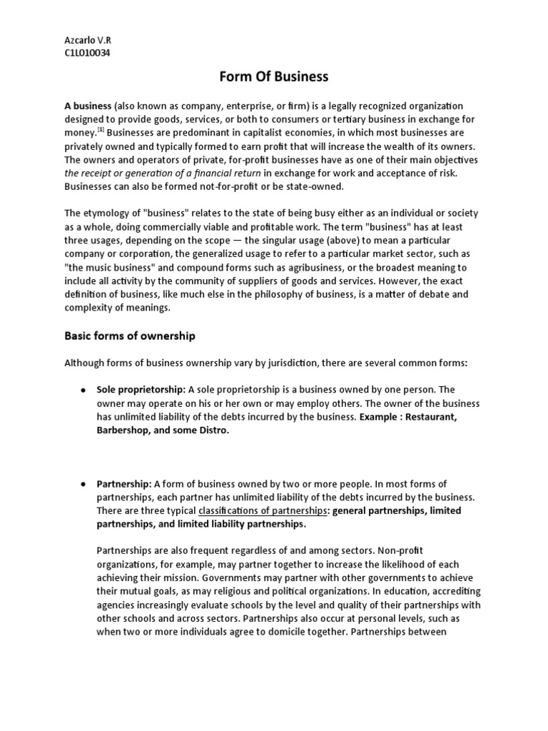 Form of Business | PDF | Partnership | Business