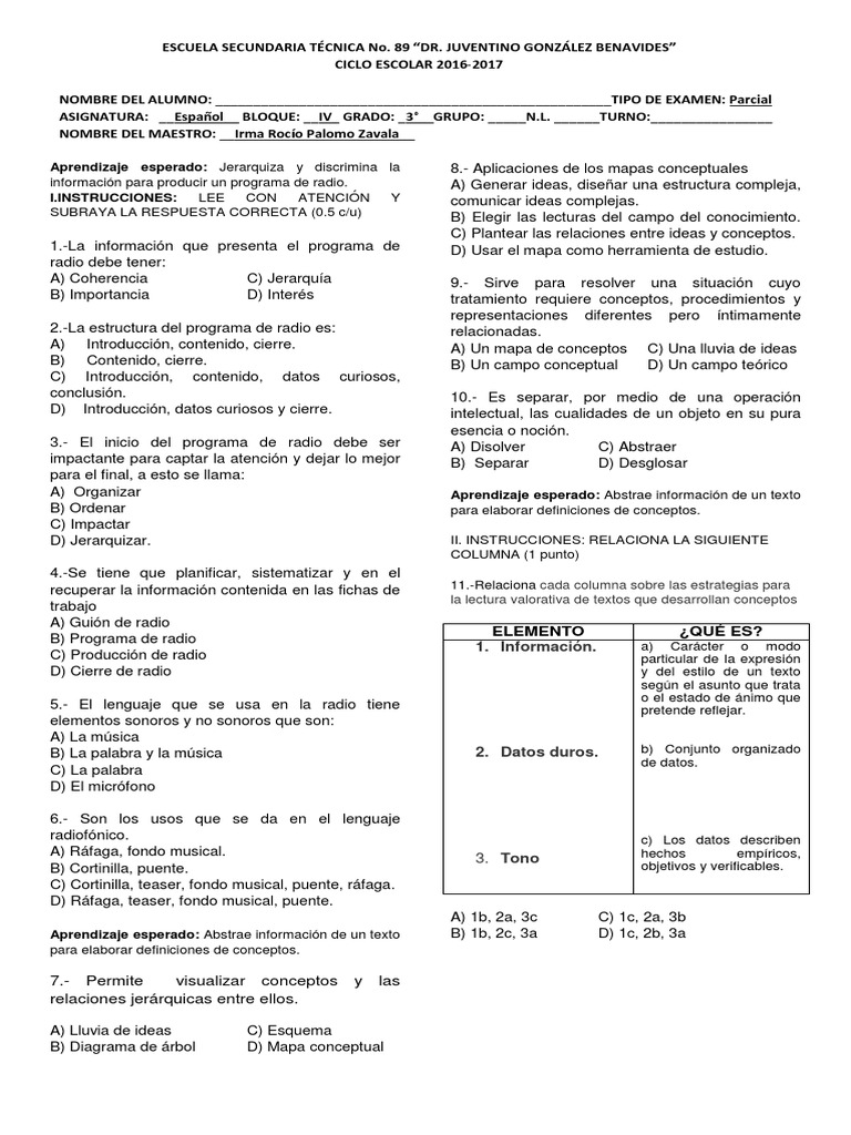 Examen Parcial de Español 3° Grado | PDF | Radio | Información