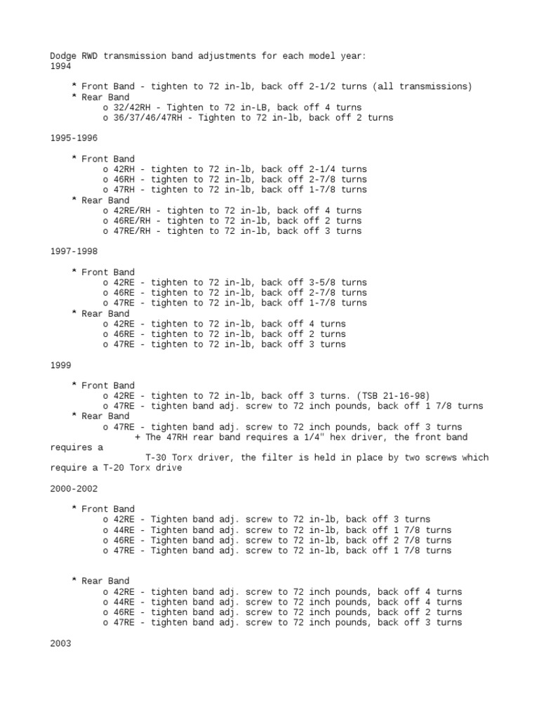 Dodge Band Adjustments | Screw | Vehicle Technology
