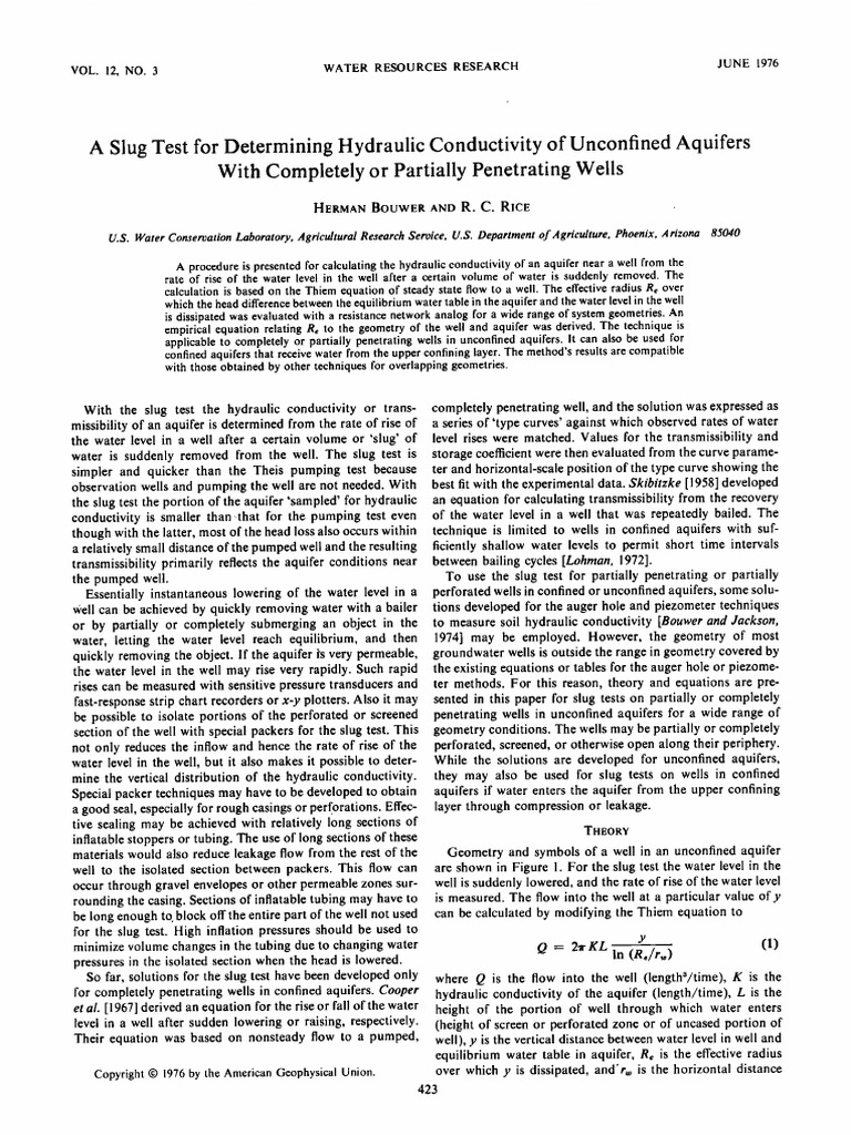 H. Bouwer and R. C. Rice Slug Testing | PDF | Aquifer | Groundwater