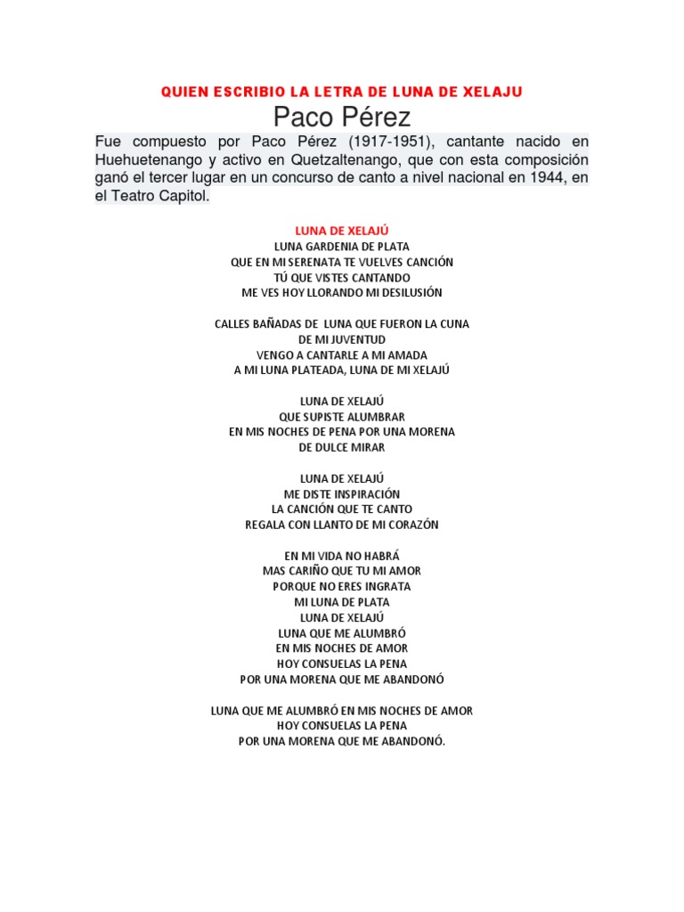 Quien Escribio La Letra de Luna de Xelaju | PDF | Ocio
