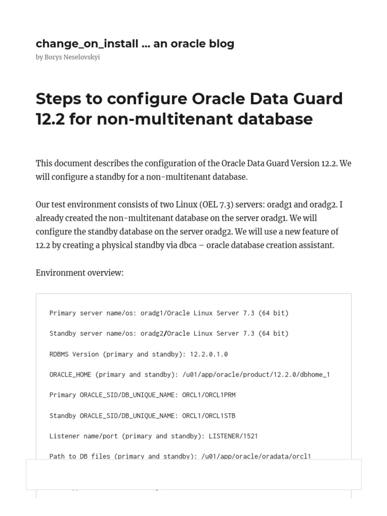Steps To Configure Oracle Data Guard 122 For Non Multitenant Database Pdf Oracle Database