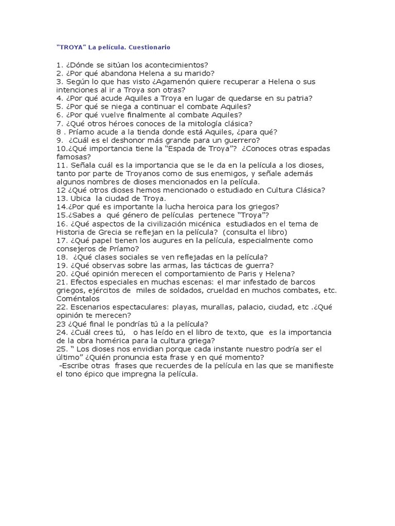 TROYA. Cuestionario Sobre La Película