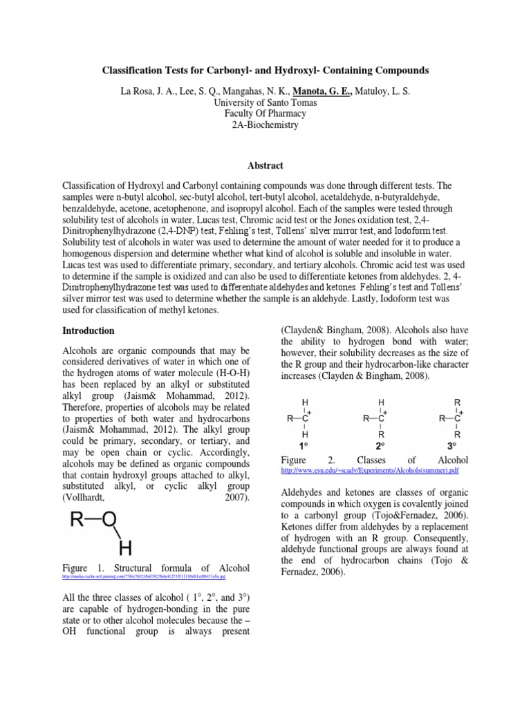 Classification Tests For Carbonyl-And Hydroxyl - Containing Compounds ...