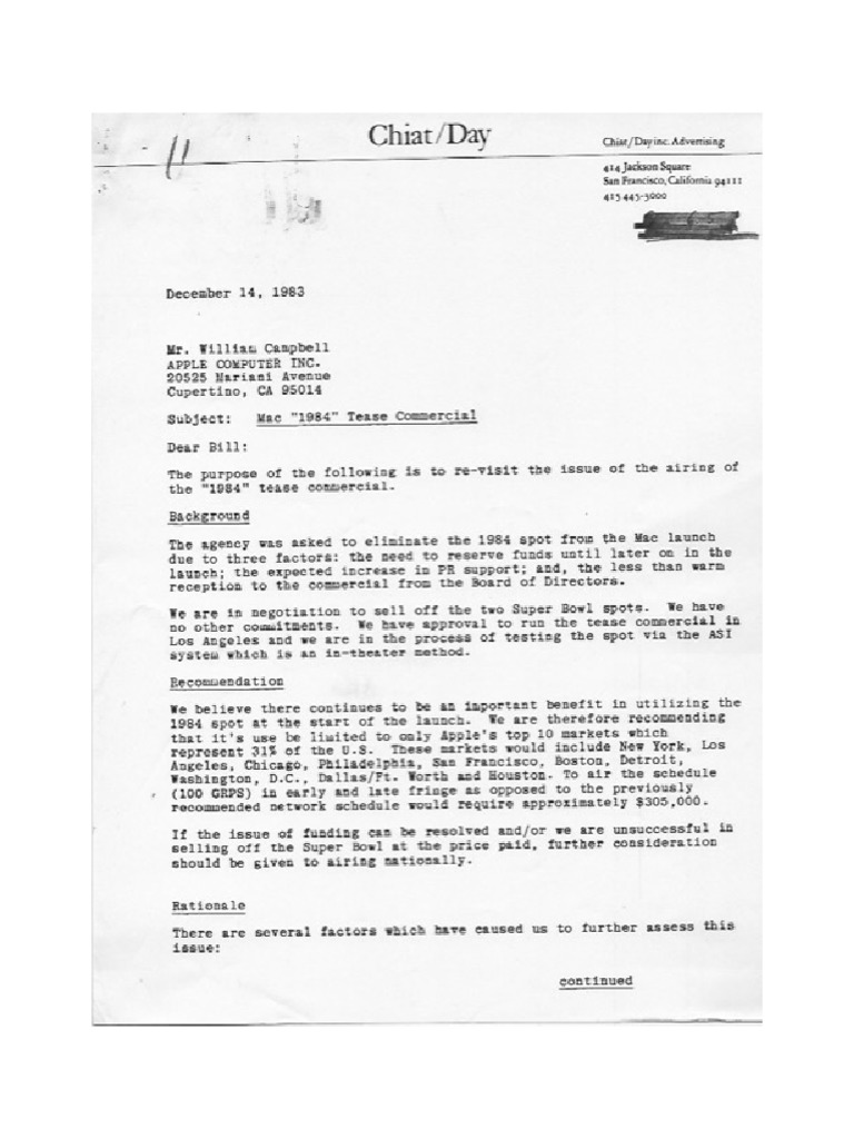 Apple '1984' Memo To Bill Campbell | PDF