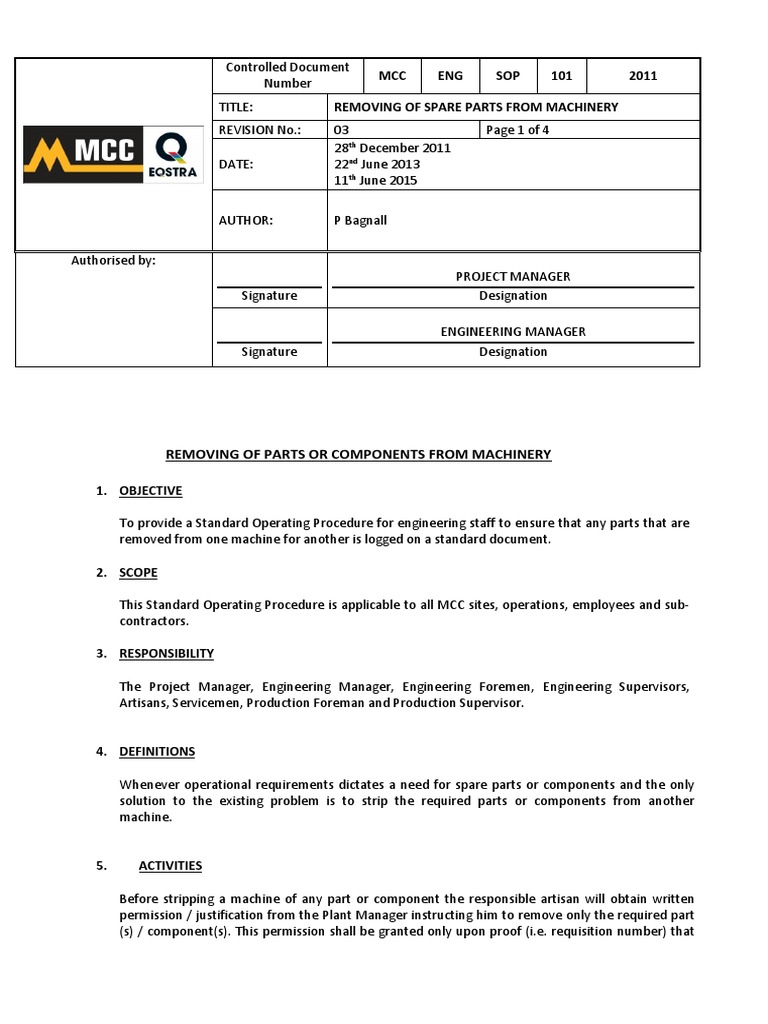 ENG SOP 101 - Robbing of Parts - Components | PDF | Personal Protective ...