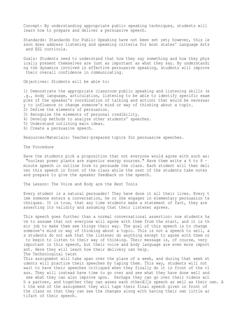 Speech Lesson Plan | PDF | Speech | Persuasion