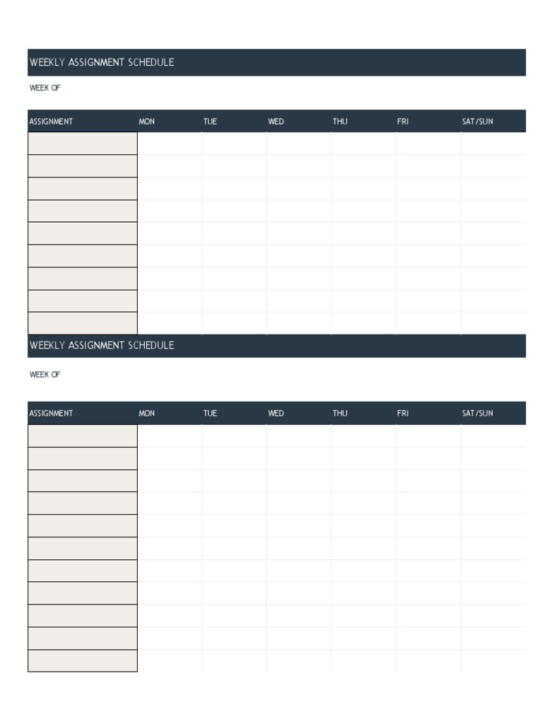 Weekly Assignment Schedule: Assignment MON TUE WED THU FRI Sat/Sun | PDF