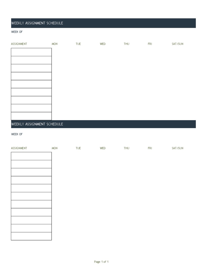 Weekly Assignment Schedule: Assignment MON TUE WED THU FRI Sat/Sun | PDF