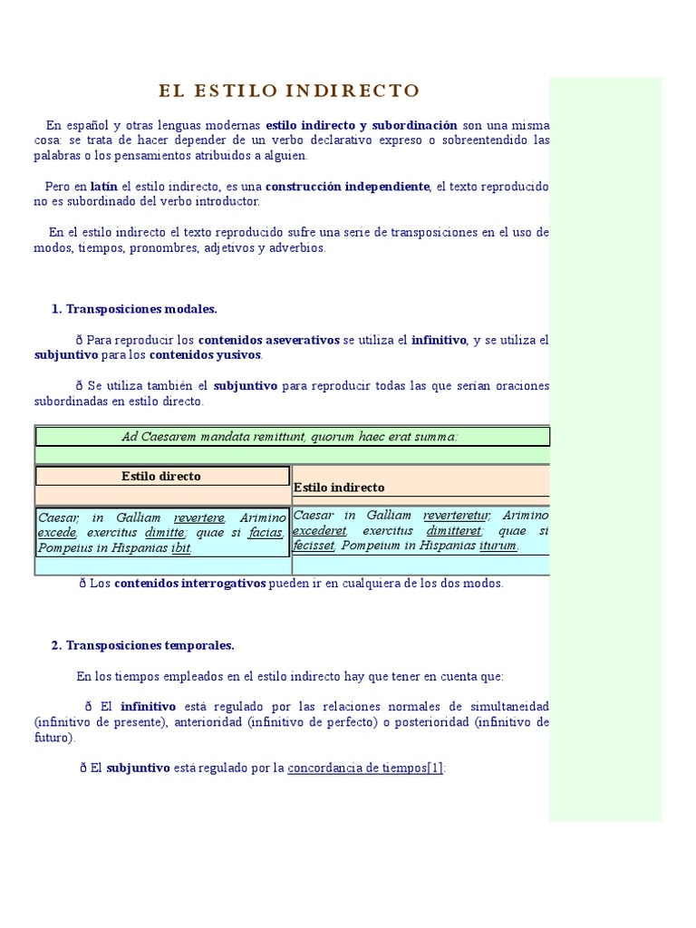 El Estilo Indirecto - Resumen | PDF | Verbo | latín