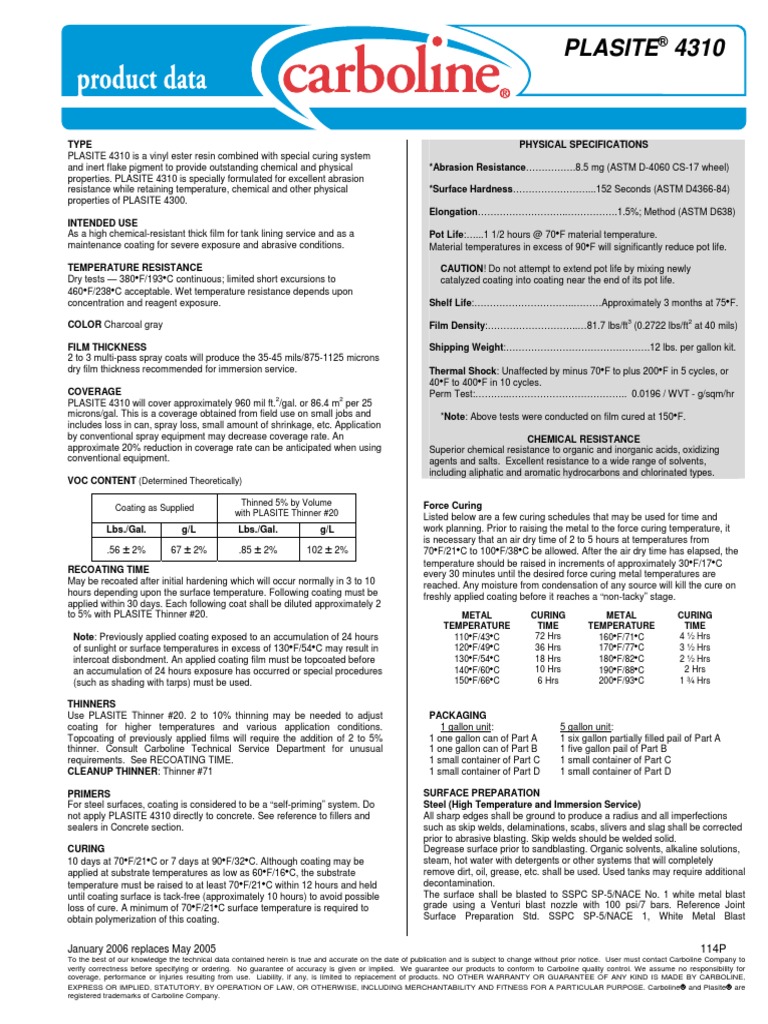 Plasite 4310 PDS 1-06 | PDF | Abrasive | Wear