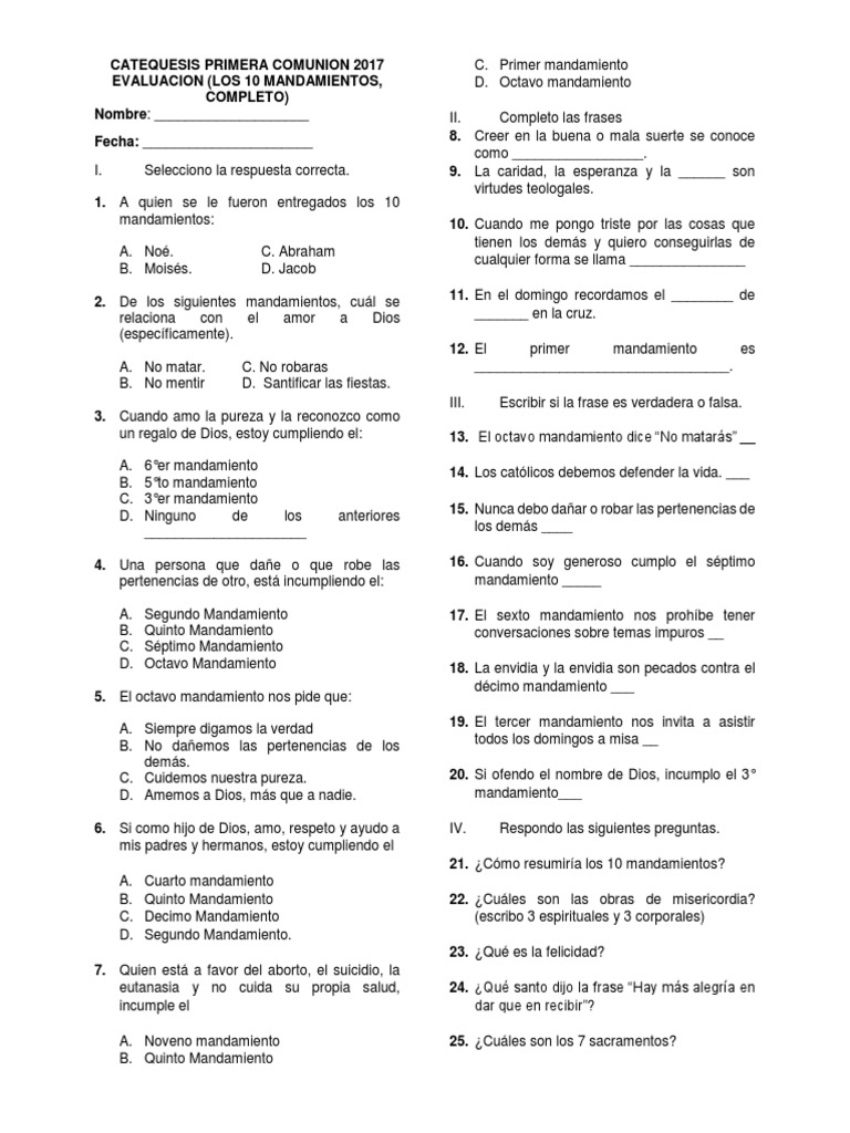 Evaluacion 10 Mandamientos (Completa) | PDF | Religión y creencia