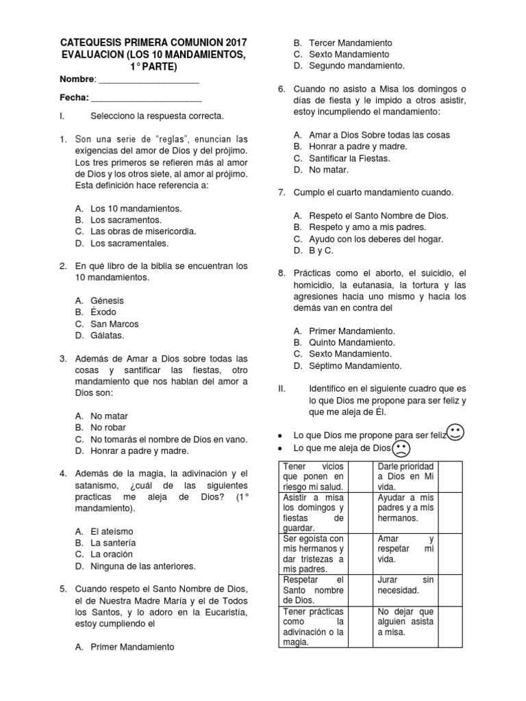 Evaluacion 10 Mandamientos (1° Parte) | PDF | Diez Mandamientos | Amor