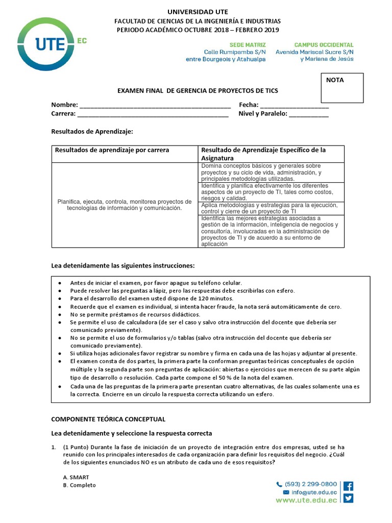 Examen Final Gerencia de Proyectos de TICs | PDF | Tecnología de información y comunicaciones ...