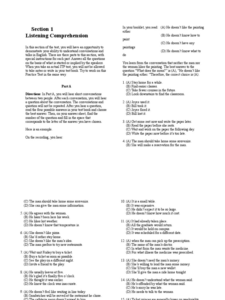 TOEFL ITP Listening Practice Test Guide | PDF | Piano | Flight