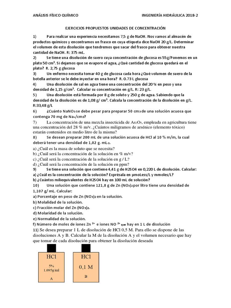 Ejercicios de concentraciones químicas: cálculos de masa, volumen y ...