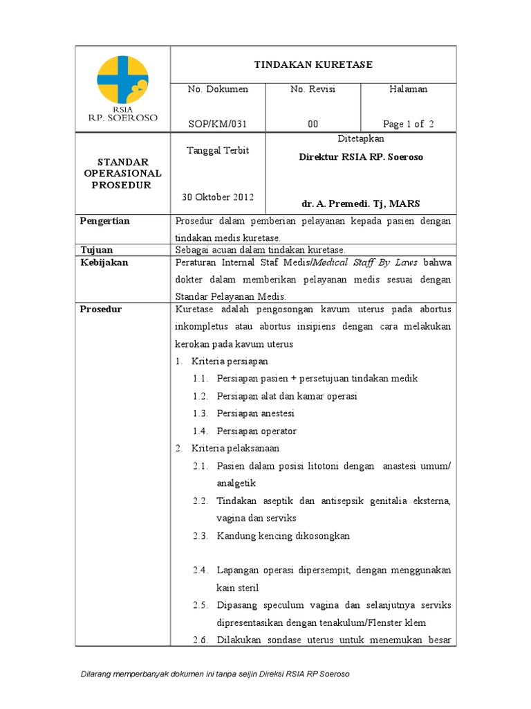 Prosedur Kuretase Medis di RSIA RP. Soeroso | PDF