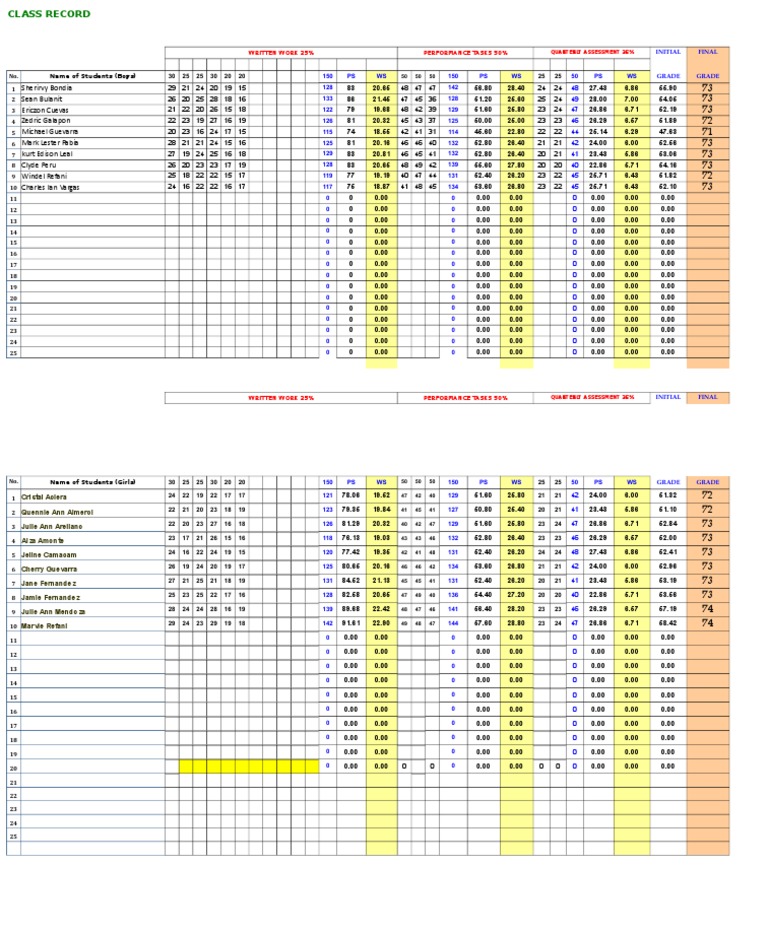 Class Record EXCEL | PDF