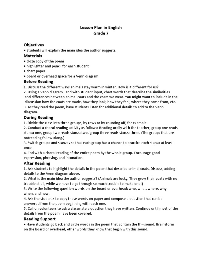 Grade 7 English Lesson Plan | PDF | Language Arts & Discipline