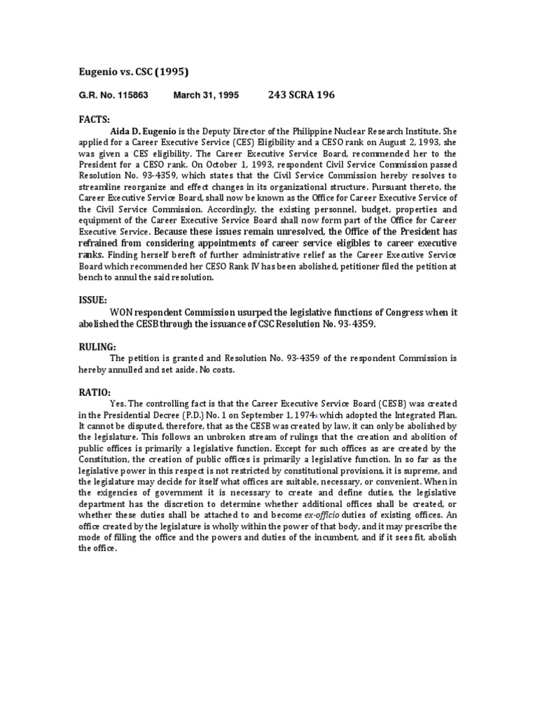 Eugenio vs. CSC (1995) 243 SCRA 196: Facts | PDF | Legislature | Virtue