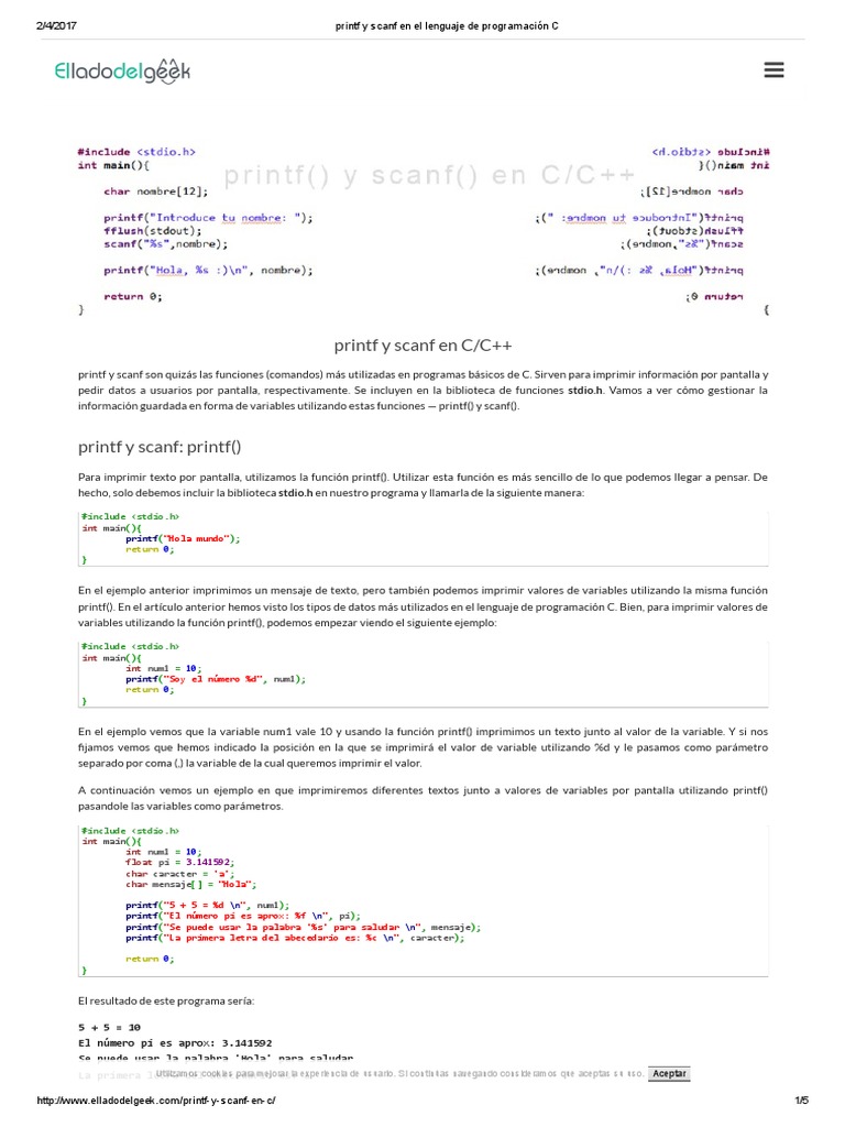 Printf y Scanf en El Lenguaje de Programación C | PDF | C (lenguaje de programación) | C