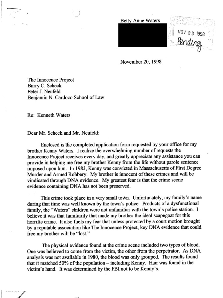 Betty Anne Waters' Letter To The Innocence Project, 11/20/98 | PDF