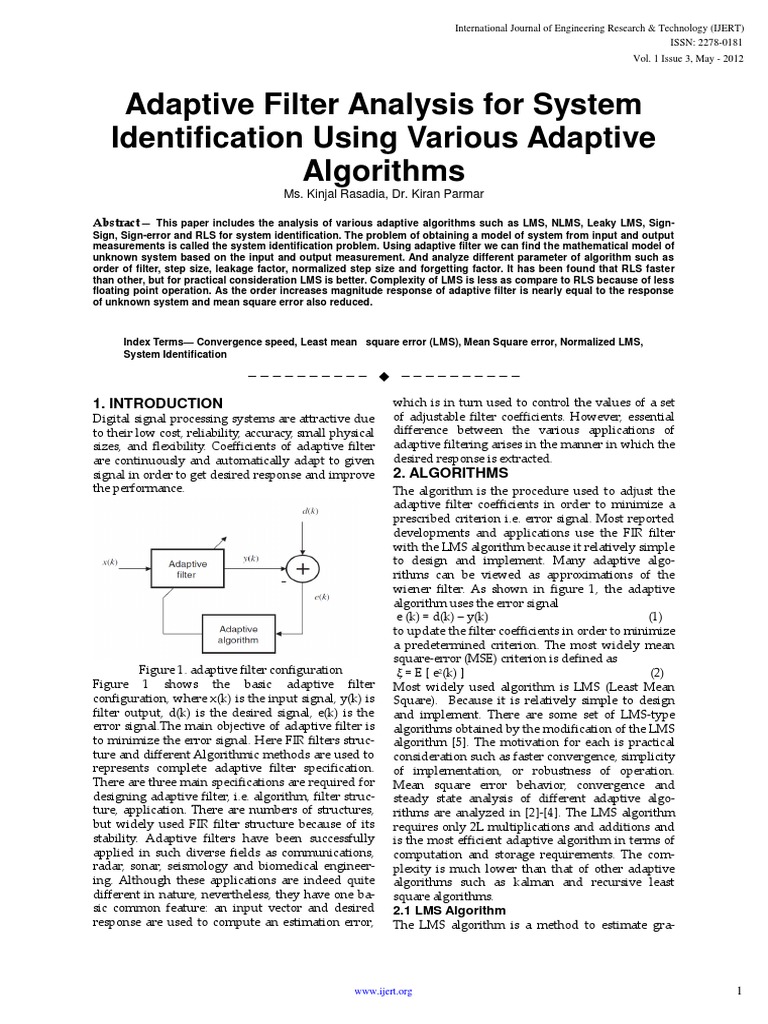 Adaptive Filter Analysis For System Identification Using Various Adaptive Algorithms Pdf