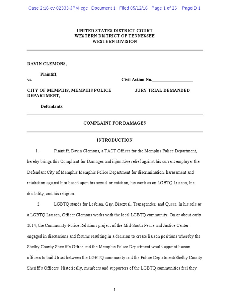 Davin Clemons 2016 Lawsuit | PDF | Civil Rights Act Of 1964 ...