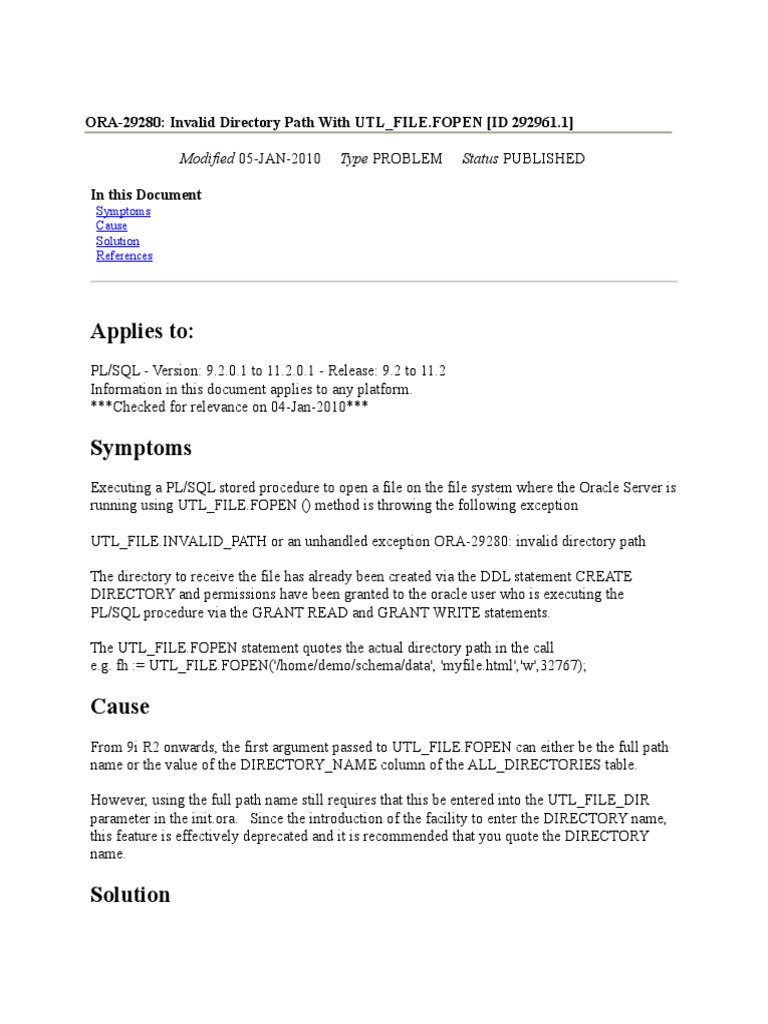Ora-29280 Invalid Directory Path With Utl - File - Fopen (Id 292961.1) | PDF | Pl/Sql | Oracle ...