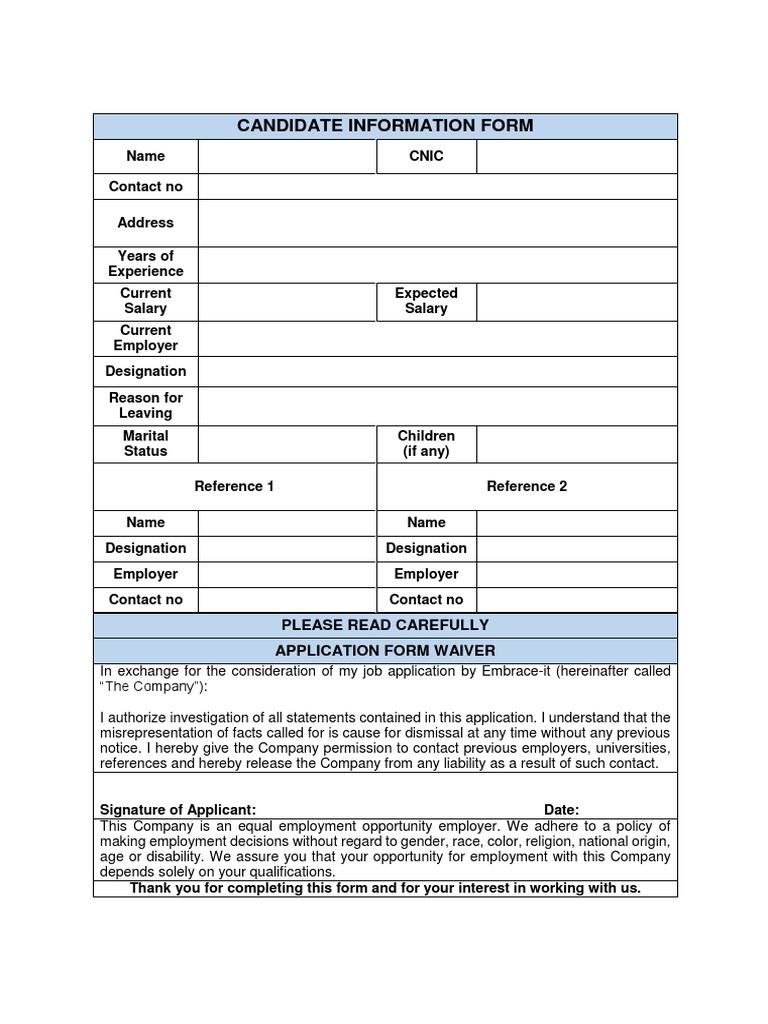 Candidate Information Form: Please Read Carefully Application Form ...