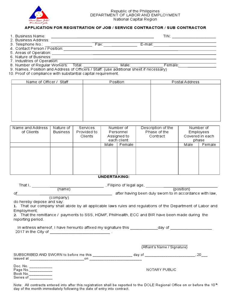 Application Form For Registration of Job Contracting | Download Free ...
