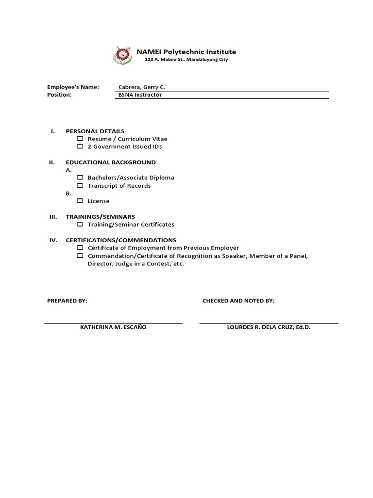 Applicant Document Checklist - MEMO | PDF