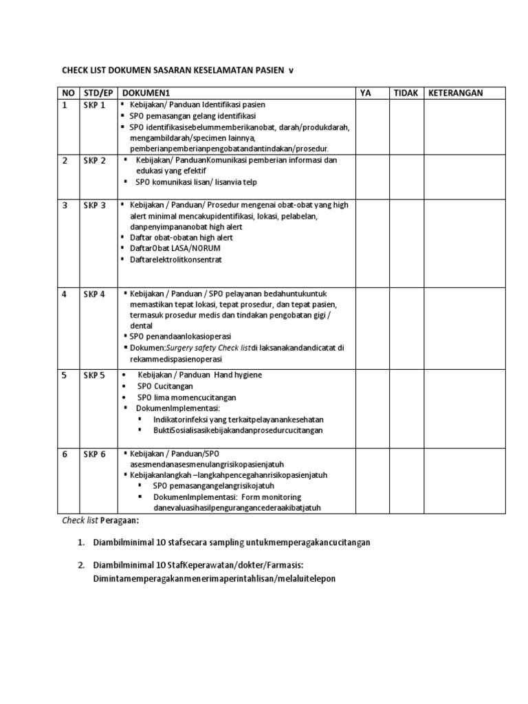 Check List Dokumen Sasaran Keselamatan Pasien | PDF | Sains & Matematika
