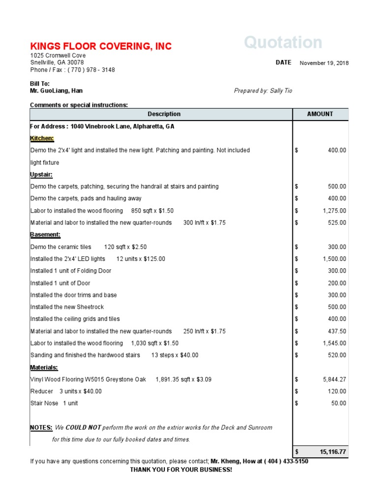 Quotation: Kings Floor Covering, Inc | PDF | Flooring | Pedestrian ...