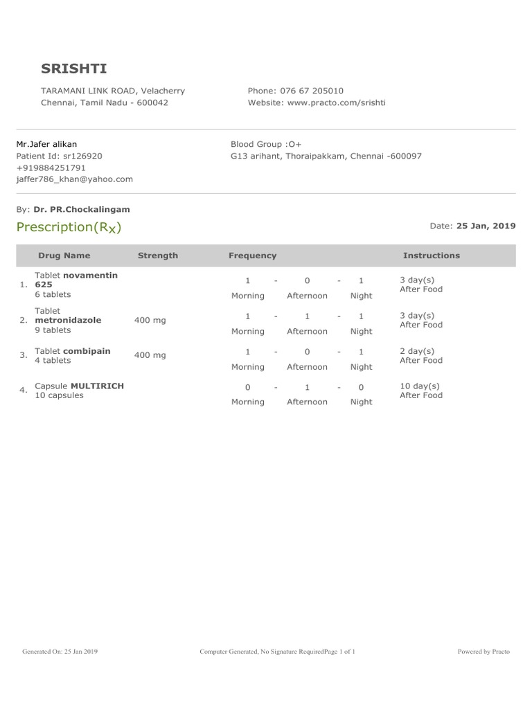 Prescription - 2019-01-25 - MR - Jafer Alikan PDF | PDF