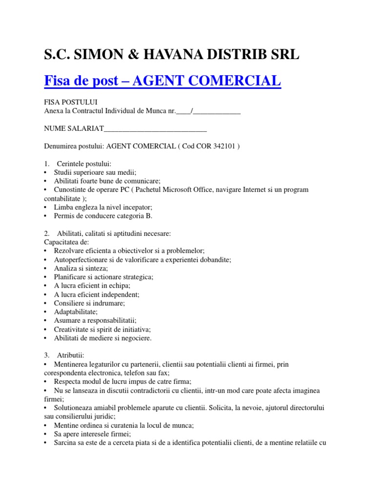 Fisa Post Agent Comercial | PDF