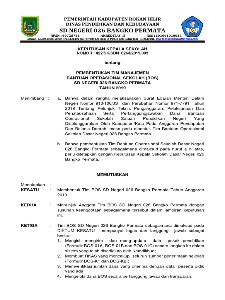 Pembentukan Tim BOS SDN 026 2019 | PDF | Pengelolaan Keuangan & Uang