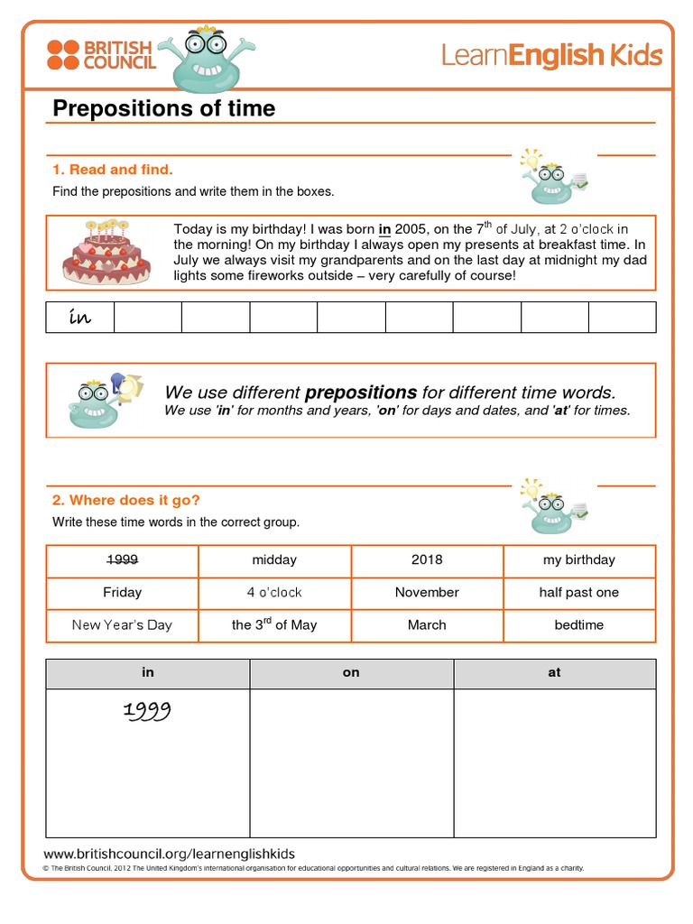 Kids' Time Prepositions Guide | PDF | Language Arts & Discipline