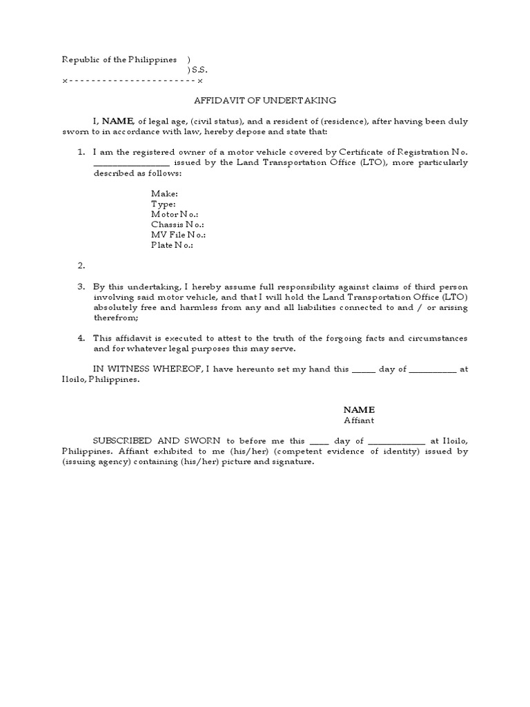 LTO - Affidavit of Undertaking | PDF