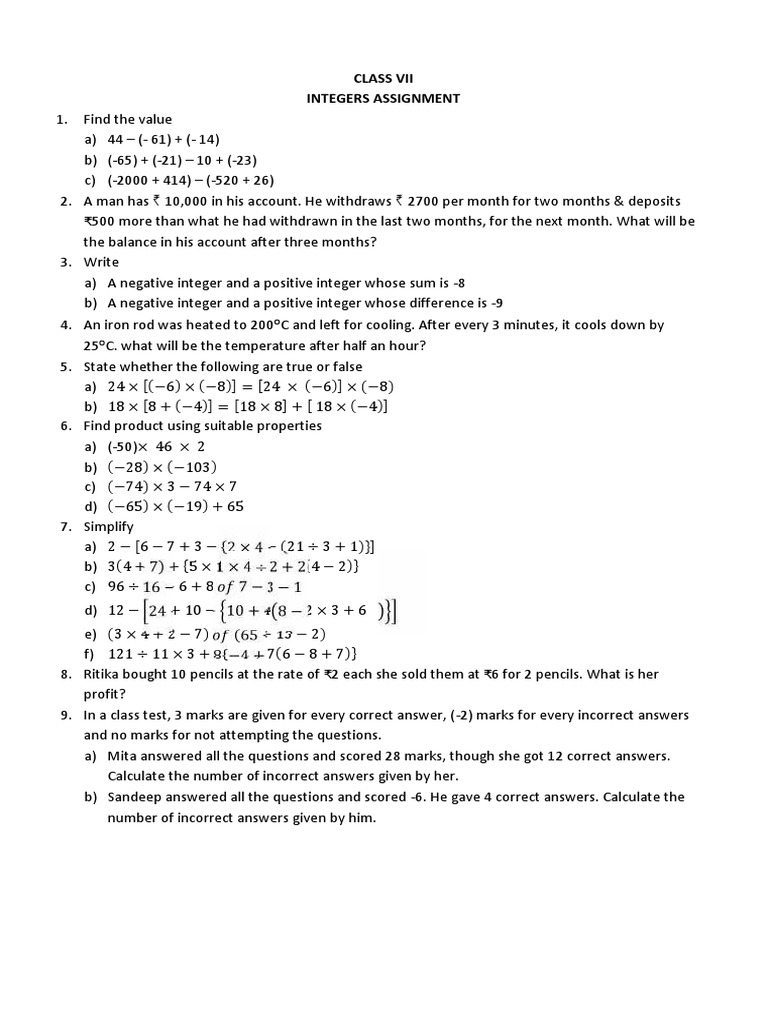 Class Vii Integers Assignment | PDF
